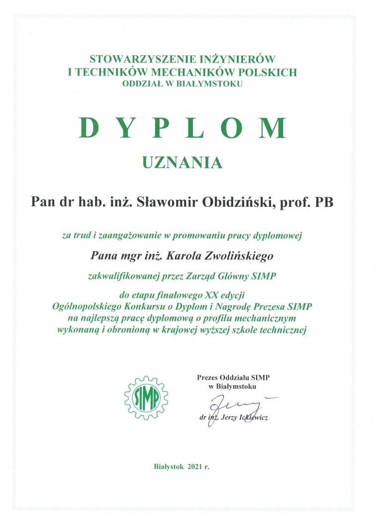 Praca dyplomowa naszego absolwenta zakwalifikowana do etapu finałowego konkursu SIMP - Wydział ...